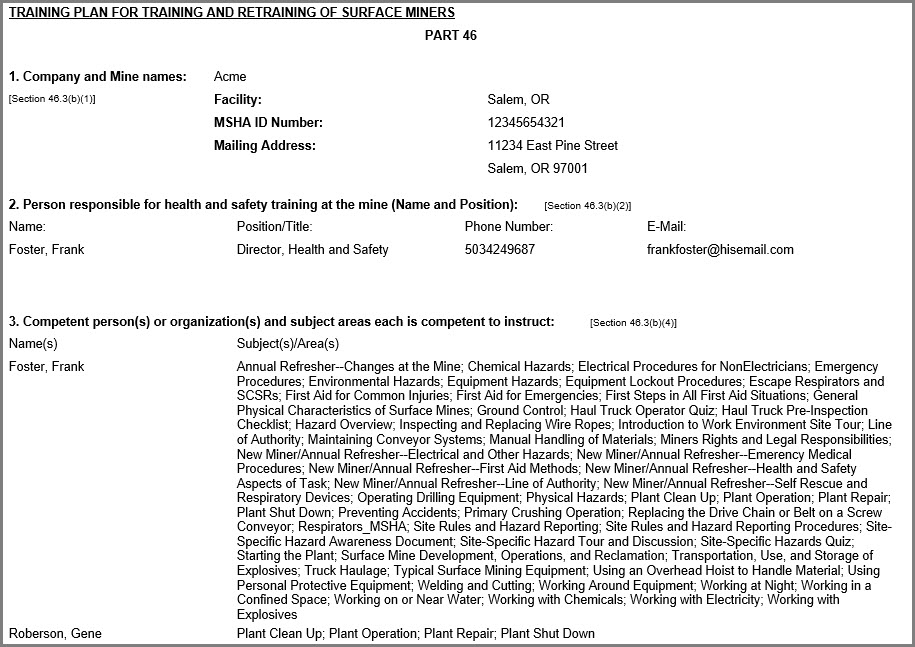 MSHA Compliancy: Training Plan Cover Sheet