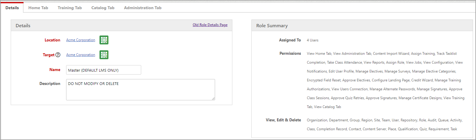 Security Roles: Details Tab