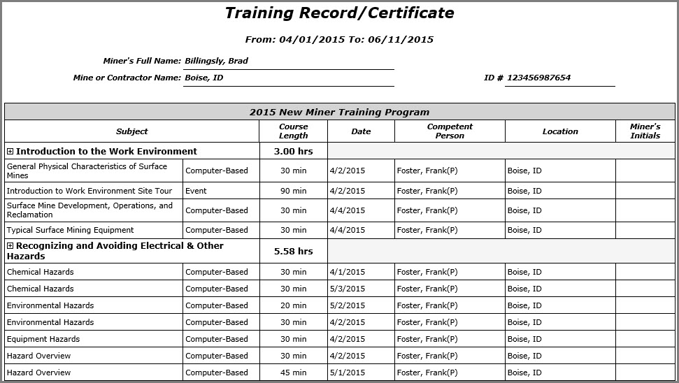 MSHA Compliancy: Certificate of Training