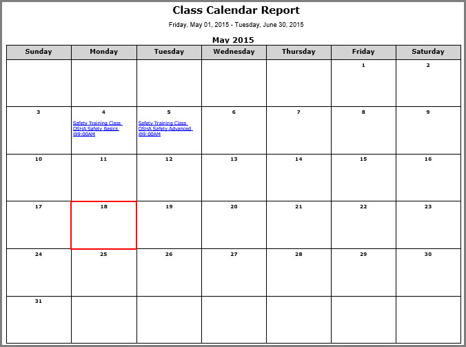 Class Calendar Report